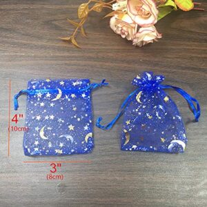 COTOSEY 100PCS Stars and Moon Organza Drawstring Pouches Jewelry Party Wedding Favor Gift Bags (3X4 Navy Blue)