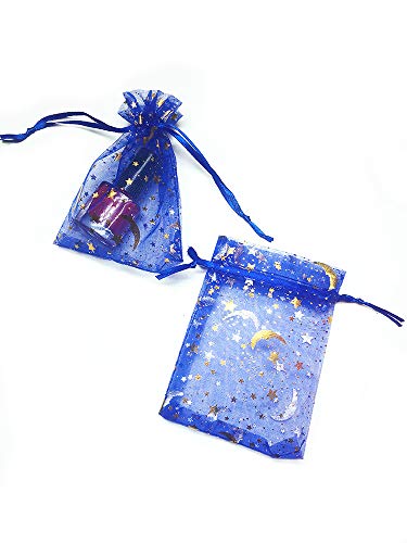 COTOSEY 100PCS Stars and Moon Organza Drawstring Pouches Jewelry Party Wedding Favor Gift Bags (3X4 Navy Blue)