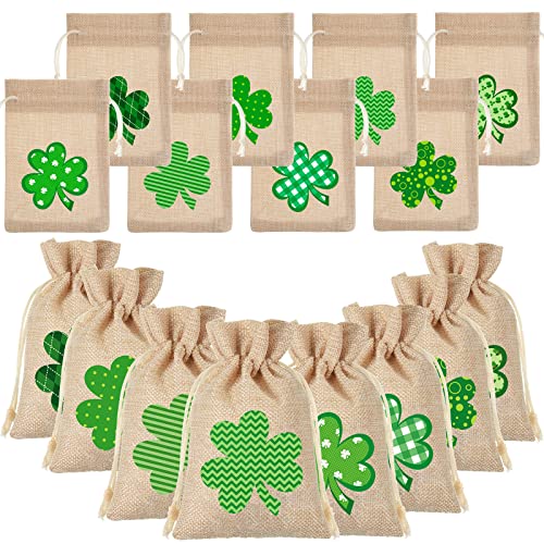 32 Pieces St Patricks Day Bags, St. Patricks Drawstring Bag, Shamrock Burlap Bags, St Patricks Day Goodie Bag Clovers Burlap Gift Bags Linen Treat Bags for Kids Irish Party Favors Supply