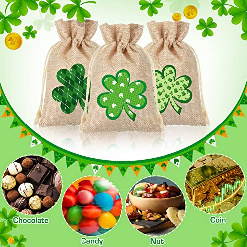 32 Pieces St Patricks Day Bags, St. Patricks Drawstring Bag, Shamrock Burlap Bags, St Patricks Day Goodie Bag Clovers Burlap Gift Bags Linen Treat Bags for Kids Irish Party Favors Supply