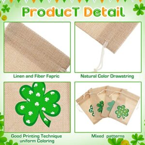 32 Pieces St Patricks Day Bags, St. Patricks Drawstring Bag, Shamrock Burlap Bags, St Patricks Day Goodie Bag Clovers Burlap Gift Bags Linen Treat Bags for Kids Irish Party Favors Supply