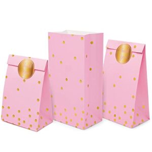 royal bluebonnet pink and gold confetti gift bags -set of 24- pink paper goodie bags and stickers – baby shower favor bags, pink and gold party decorations, pink party supplies, pink candy bags