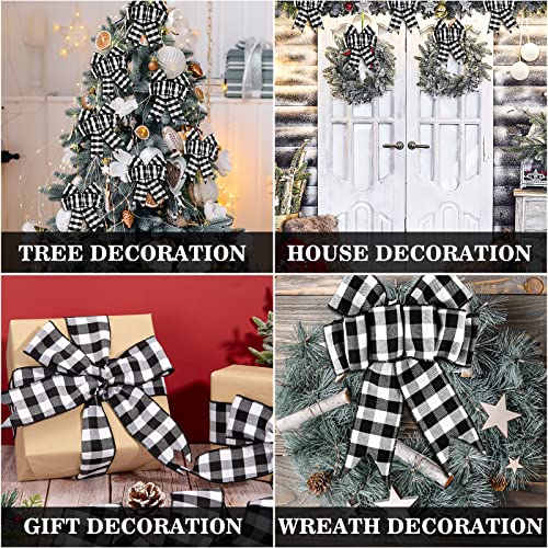 Whaline 2 Rolls Wired Edge Plaid Ribbon Christmas Buffalo Check Ribbon White Black Plaid Ribbon 2.5" Wide Farmhouse Craft Ribbon for DIY Gift Wrapping Wreath Xmas Tree Bow Decoration, 10 Yard