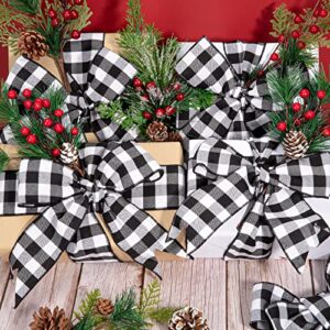 Whaline 2 Rolls Wired Edge Plaid Ribbon Christmas Buffalo Check Ribbon White Black Plaid Ribbon 2.5" Wide Farmhouse Craft Ribbon for DIY Gift Wrapping Wreath Xmas Tree Bow Decoration, 10 Yard