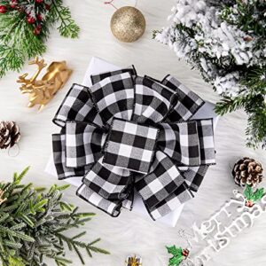 Whaline 2 Rolls Wired Edge Plaid Ribbon Christmas Buffalo Check Ribbon White Black Plaid Ribbon 2.5" Wide Farmhouse Craft Ribbon for DIY Gift Wrapping Wreath Xmas Tree Bow Decoration, 10 Yard