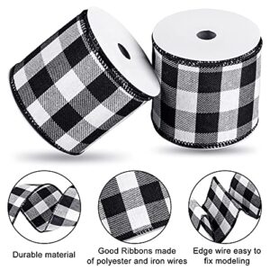 Whaline 2 Rolls Wired Edge Plaid Ribbon Christmas Buffalo Check Ribbon White Black Plaid Ribbon 2.5" Wide Farmhouse Craft Ribbon for DIY Gift Wrapping Wreath Xmas Tree Bow Decoration, 10 Yard