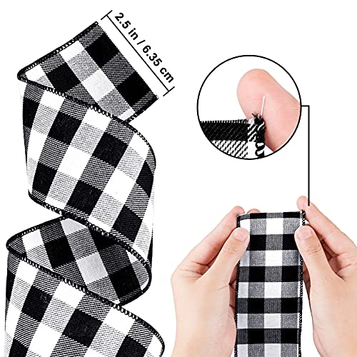 Whaline 2 Rolls Wired Edge Plaid Ribbon Christmas Buffalo Check Ribbon White Black Plaid Ribbon 2.5" Wide Farmhouse Craft Ribbon for DIY Gift Wrapping Wreath Xmas Tree Bow Decoration, 10 Yard