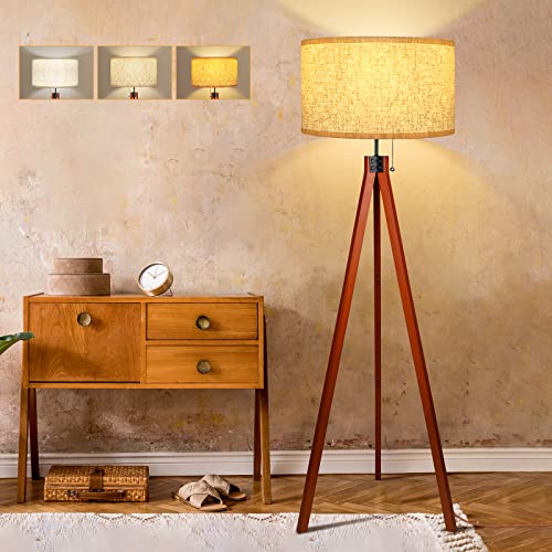 Isloys Tripod Floor Lamp, Wood Floor Lamp with 3 Color Temperature, Mid Century Standing Lamp with Real Wood, Flaxen Lamp Shade, Modern Tall Lamp for Living Room, Bedroom, Office (Bulb Included)