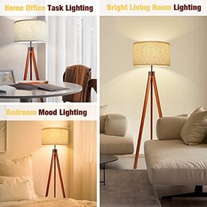 Isloys Tripod Floor Lamp, Wood Floor Lamp with 3 Color Temperature, Mid Century Standing Lamp with Real Wood, Flaxen Lamp Shade, Modern Tall Lamp for Living Room, Bedroom, Office (Bulb Included)