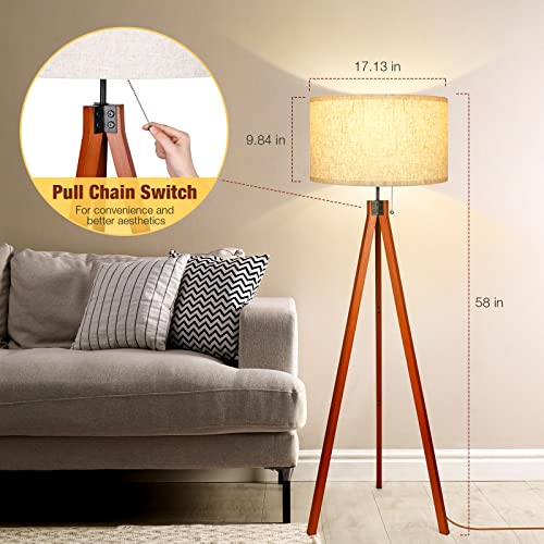 Isloys Tripod Floor Lamp, Wood Floor Lamp with 3 Color Temperature, Mid Century Standing Lamp with Real Wood, Flaxen Lamp Shade, Modern Tall Lamp for Living Room, Bedroom, Office (Bulb Included)