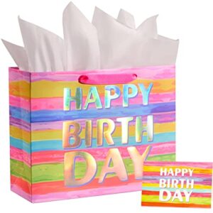 suncolor 13″ large gift bag with card and tissue paper (colorful happy birthday)