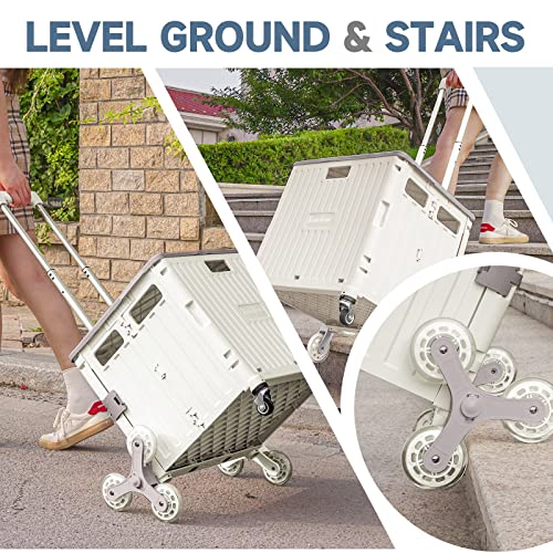 Honshine Foldable Cart with Stair Climbing Wheels, Collapsible Rolling Crate with Telescoping Handle, Handcart for Grocery Book File Tool Art Supplies(Milky White)