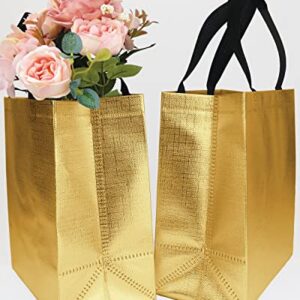 HUANN 12 Pcs Gold Gift Bags Medium Size Shine Reusable Gift Bags with Handles Metallic Glossy Non Woven Gift Bags for Wedding Christmas Party Birthday 8 x 5 x 10 Inch