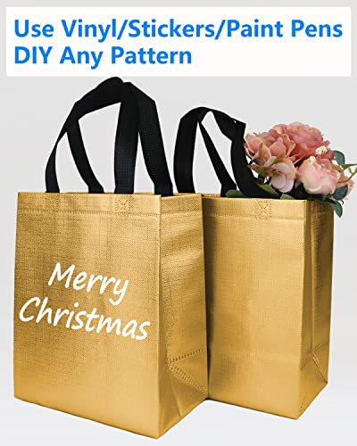 HUANN 12 Pcs Gold Gift Bags Medium Size Shine Reusable Gift Bags with Handles Metallic Glossy Non Woven Gift Bags for Wedding Christmas Party Birthday 8 x 5 x 10 Inch