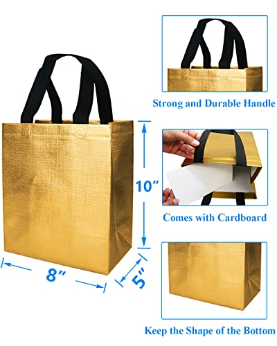 HUANN 12 Pcs Gold Gift Bags Medium Size Shine Reusable Gift Bags with Handles Metallic Glossy Non Woven Gift Bags for Wedding Christmas Party Birthday 8 x 5 x 10 Inch