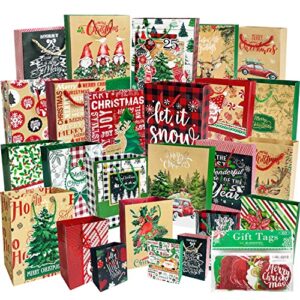 24 christmas gift paper bags bulk with handles and 60 count christmas gift tags-assorted sizes set for wrapping xmas holiday presents(6 jumbo,6 large,6 medium,6 small)