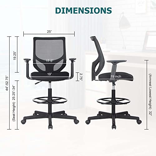 SMUG Tall Armrests, Counter Height Standing Desk, Mid Back Mesh Office Drafting Chairs with Adjustable Foot Ring, Black