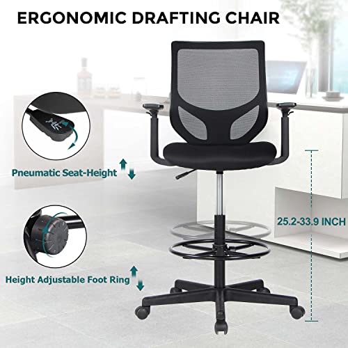 SMUG Tall Armrests, Counter Height Standing Desk, Mid Back Mesh Office Drafting Chairs with Adjustable Foot Ring, Black