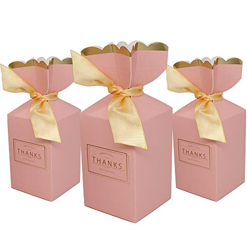 BAUMA AUTO 50Pcs Wedding Party Favor Boxes ，Candy Boxes Paper DIY with Gold Ribbons for Wedding Bridal Shower Baby Shower Birthday Party(2.28X3.46X5.71inch, Pink) (Pink With Gold Ribbon)