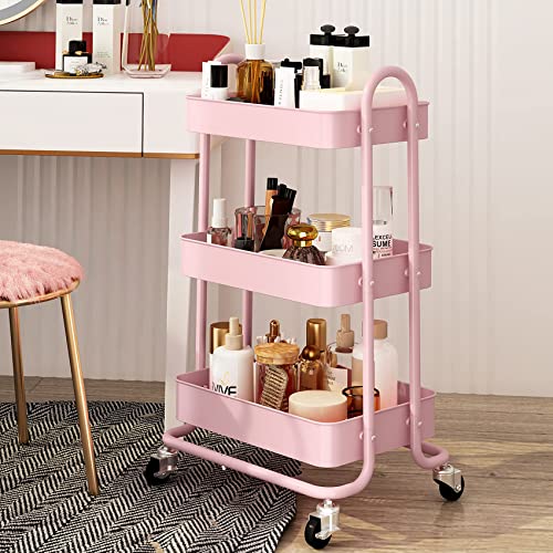 3 Tier Rolling Cart, Metal Utility Cart with Rotating Lockable Wheels, Storage Cart for Office, Bathroom, Kitchen, Garden (Pink)