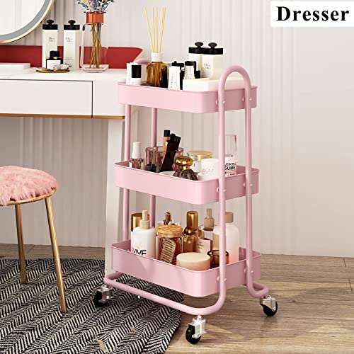 3 Tier Rolling Cart, Metal Utility Cart with Rotating Lockable Wheels, Storage Cart for Office, Bathroom, Kitchen, Garden (Pink)