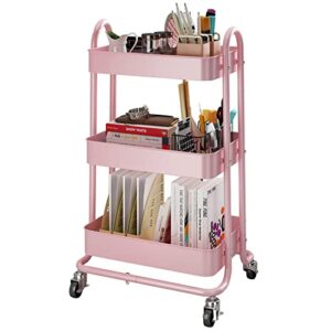 3 Tier Rolling Cart, Metal Utility Cart with Rotating Lockable Wheels, Storage Cart for Office, Bathroom, Kitchen, Garden (Pink)