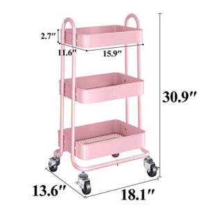 3 Tier Rolling Cart, Metal Utility Cart with Rotating Lockable Wheels, Storage Cart for Office, Bathroom, Kitchen, Garden (Pink)