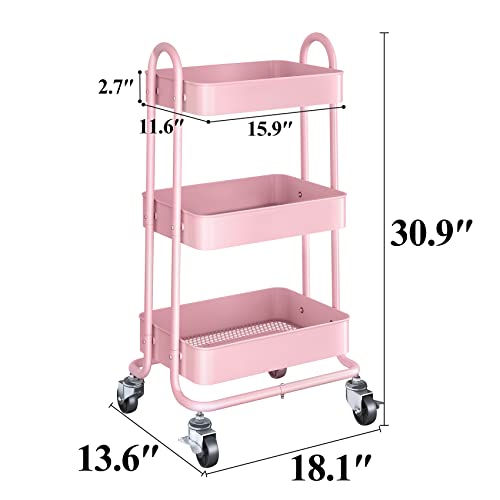 3 Tier Rolling Cart, Metal Utility Cart with Rotating Lockable Wheels, Storage Cart for Office, Bathroom, Kitchen, Garden (Pink)