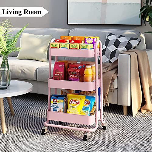 3 Tier Rolling Cart, Metal Utility Cart with Rotating Lockable Wheels, Storage Cart for Office, Bathroom, Kitchen, Garden (Pink)