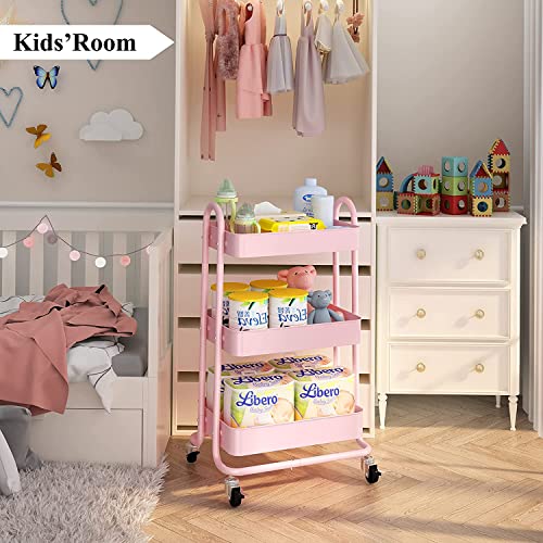 3 Tier Rolling Cart, Metal Utility Cart with Rotating Lockable Wheels, Storage Cart for Office, Bathroom, Kitchen, Garden (Pink)