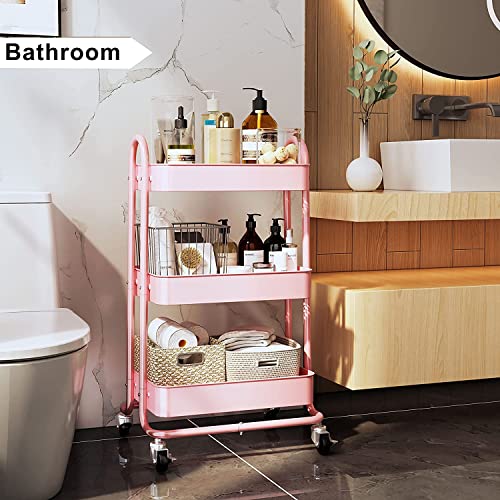 3 Tier Rolling Cart, Metal Utility Cart with Rotating Lockable Wheels, Storage Cart for Office, Bathroom, Kitchen, Garden (Pink)