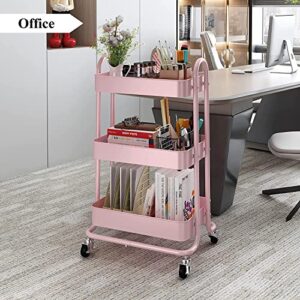 3 Tier Rolling Cart, Metal Utility Cart with Rotating Lockable Wheels, Storage Cart for Office, Bathroom, Kitchen, Garden (Pink)