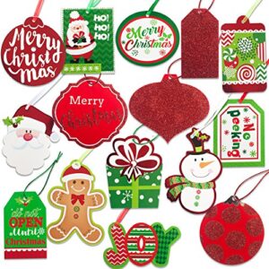 christmas gift tags 60 count with untied string (15 assorted glitter, foil, printed designs for diy xmas present wrap and label package name card)