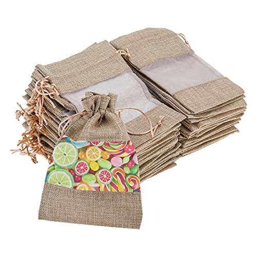 XMSound 50 Pack 5x7 Inch Linen Burlap Sheer Bag Organza Bag Burlap Bags Gift Bags with Drawstring, for Wedding Party Favors Cosmetic Samples Mesh Pouch DIY Craft