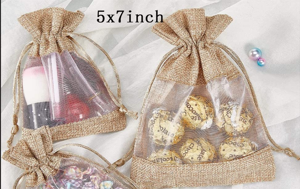 XMSound 50 Pack 5x7 Inch Linen Burlap Sheer Bag Organza Bag Burlap Bags Gift Bags with Drawstring, for Wedding Party Favors Cosmetic Samples Mesh Pouch DIY Craft