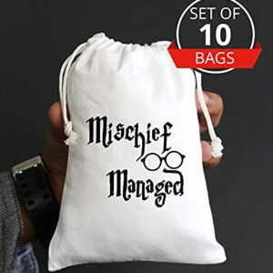 Mischief Managed Bachelorette Party Supplies for Boys/Girls | Hangover Kit-Recovery Kit - Survival kit for Men Women | Cotton Muslin Drawstring Bag 5 X 7 - Set of 10