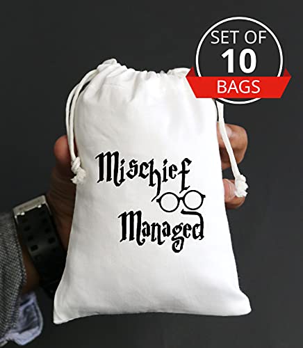 Mischief Managed Bachelorette Party Supplies for Boys/Girls | Hangover Kit-Recovery Kit - Survival kit for Men Women | Cotton Muslin Drawstring Bag 5 X 7 - Set of 10