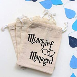 Mischief Managed Bachelorette Party Supplies for Boys/Girls | Hangover Kit-Recovery Kit - Survival kit for Men Women | Cotton Muslin Drawstring Bag 5 X 7 - Set of 10