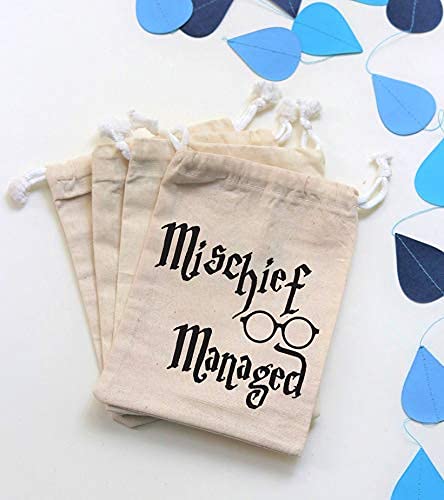 Mischief Managed Bachelorette Party Supplies for Boys/Girls | Hangover Kit-Recovery Kit - Survival kit for Men Women | Cotton Muslin Drawstring Bag 5 X 7 - Set of 10