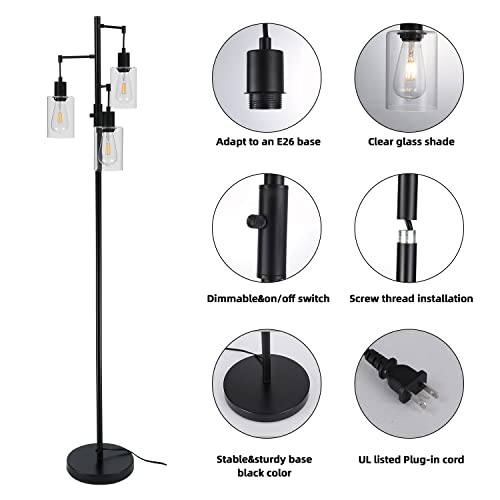 Liylan Dimmable Floor Lamp, Industrial Floor Lamp for Living Room Bedroom, Black 3 Lights Tree Standing Lamp, with On/Off Switch, Clear Glass Shade