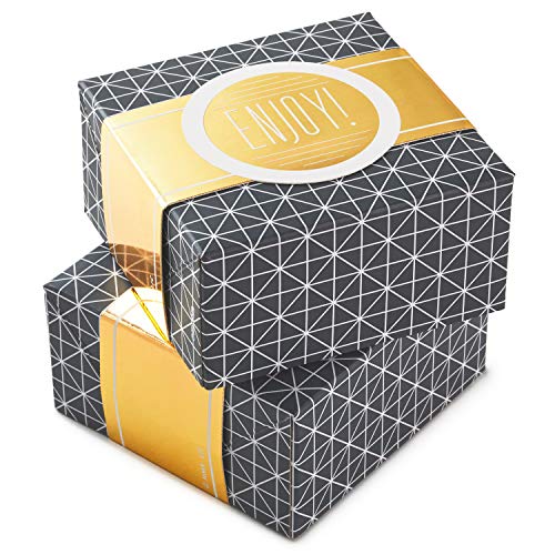 Hallmark 4" Small Gift Boxes with Wrap Band (2-Pack: Gray Geometric, Gold "Enjoy!") for Weddings, Graduations, Engagements, Birthdays, Housewarmings