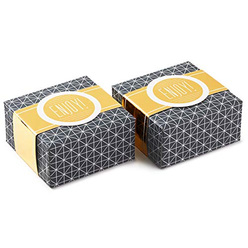 Hallmark 4" Small Gift Boxes with Wrap Band (2-Pack: Gray Geometric, Gold "Enjoy!") for Weddings, Graduations, Engagements, Birthdays, Housewarmings