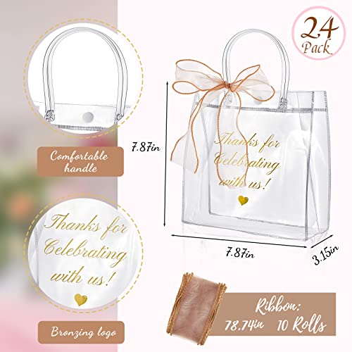 24 Pcs Clear Bags with Bow Ribbon Wedding Gift Bags for Gifts Clear Gift Bags with Handles 7.8 x 7.8 x 3.1 Inch Clear Plastic Bags with Handles for Transparent Shopping Bags, Party Bags, Retail Bags