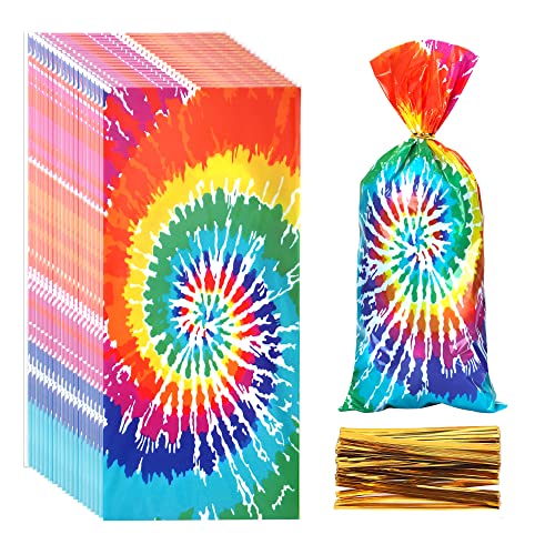 peony man 100 Pieces Tie Dye Cellophane Bags Rainbow Cello Treat Bag Plastic Goodie Storage Bags with 100 Gold Twist Ties for Tie Dye Themed Party Supplies Bakery Popcorn Cookies Candies Packaging