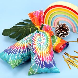 peony man 100 Pieces Tie Dye Cellophane Bags Rainbow Cello Treat Bag Plastic Goodie Storage Bags with 100 Gold Twist Ties for Tie Dye Themed Party Supplies Bakery Popcorn Cookies Candies Packaging