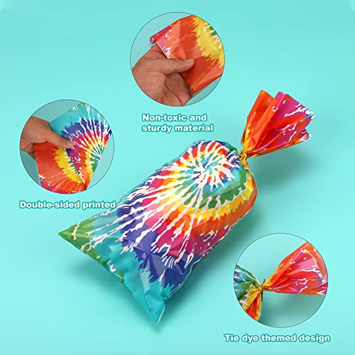 peony man 100 Pieces Tie Dye Cellophane Bags Rainbow Cello Treat Bag Plastic Goodie Storage Bags with 100 Gold Twist Ties for Tie Dye Themed Party Supplies Bakery Popcorn Cookies Candies Packaging