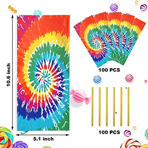 peony man 100 Pieces Tie Dye Cellophane Bags Rainbow Cello Treat Bag Plastic Goodie Storage Bags with 100 Gold Twist Ties for Tie Dye Themed Party Supplies Bakery Popcorn Cookies Candies Packaging