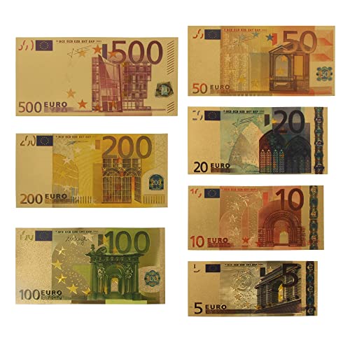 ICObuty Gold Foil Polymer Paper Money 7 PCS €5 €10 €20 €50 €100 €200 €500 Euro Paper banknotes 1:1 Size 3D Crafts Gift Fake Money