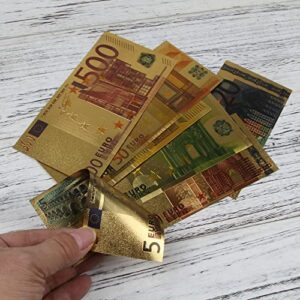 ICObuty Gold Foil Polymer Paper Money 7 PCS €5 €10 €20 €50 €100 €200 €500 Euro Paper banknotes 1:1 Size 3D Crafts Gift Fake Money