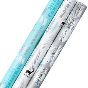 Hallmark Christmas Wrapping Paper Bundle with Cutlines on Reverse (3 Rolls: 80 sq. ft. ttl) Teal and Silver, Elegant Woodland with Deer, Holographic Pinecones